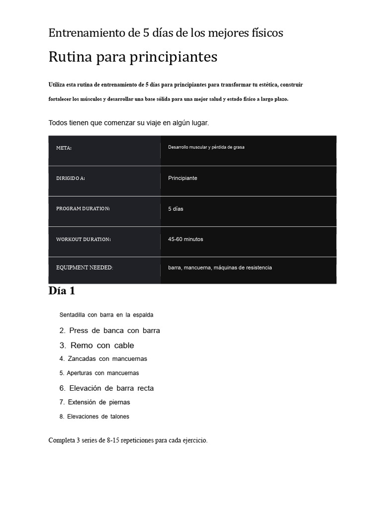 Rutina de Entrenamiento de 5 Días para Principiantes | PDF | Nutrición ...