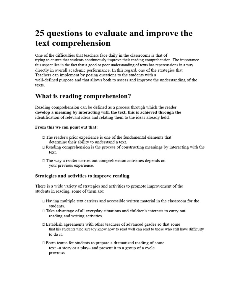 25 Questions To Evaluate and Improve Text Comprehension | PDF | Reading ...