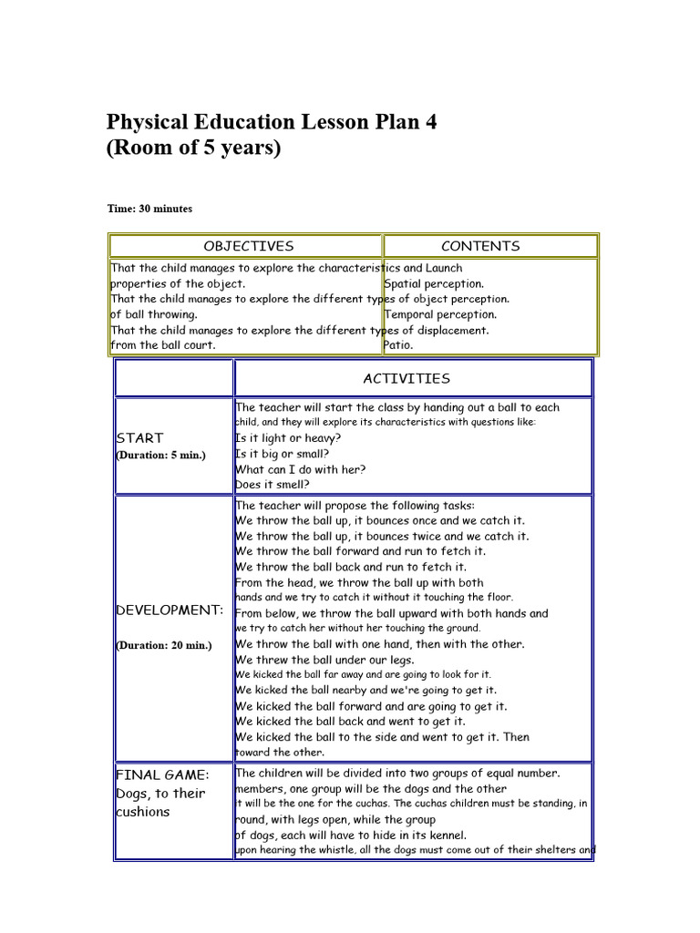 Physical Education Lesson Plan 4 | PDF | Perception | Learning