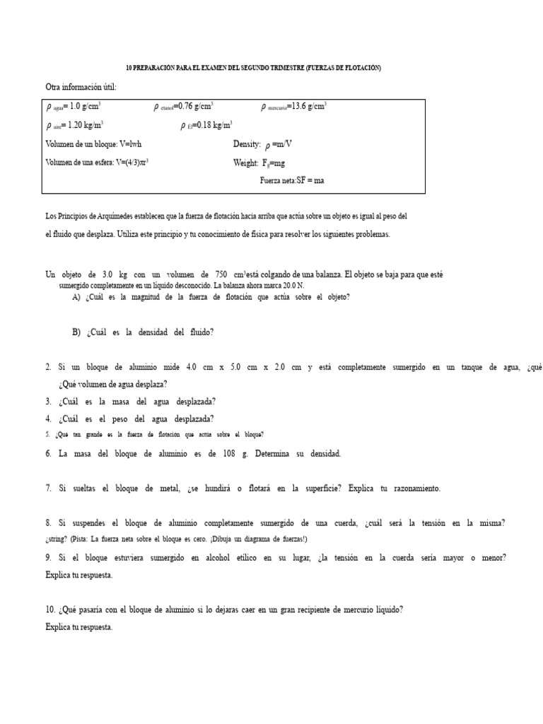 Hoja de Trabajo de Flotabilidad de 10º Grado | PDF | Flotabilidad ...