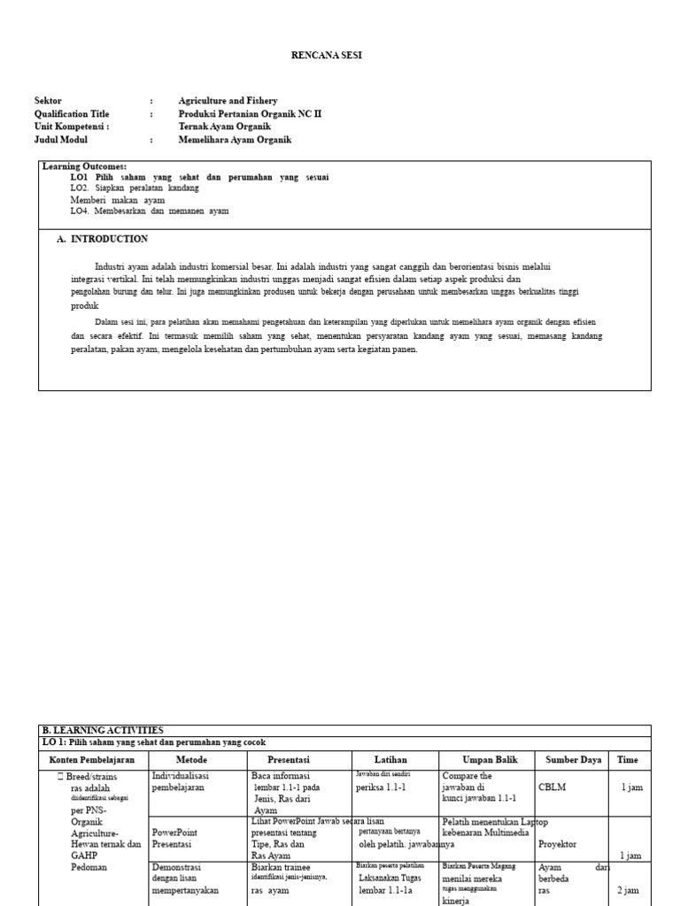 Rencana Sesi Produksi Pertanian Organik NC II | PDF