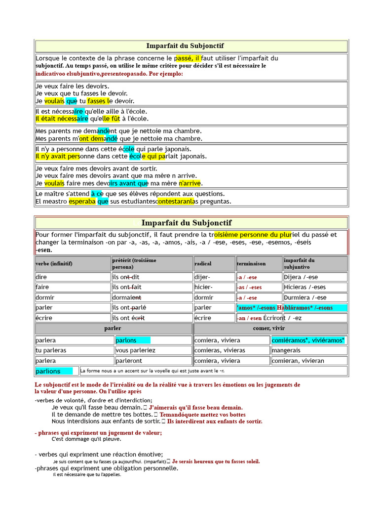Imparfait du Subjonctif en Français | PDF | Verbe | Grammaire