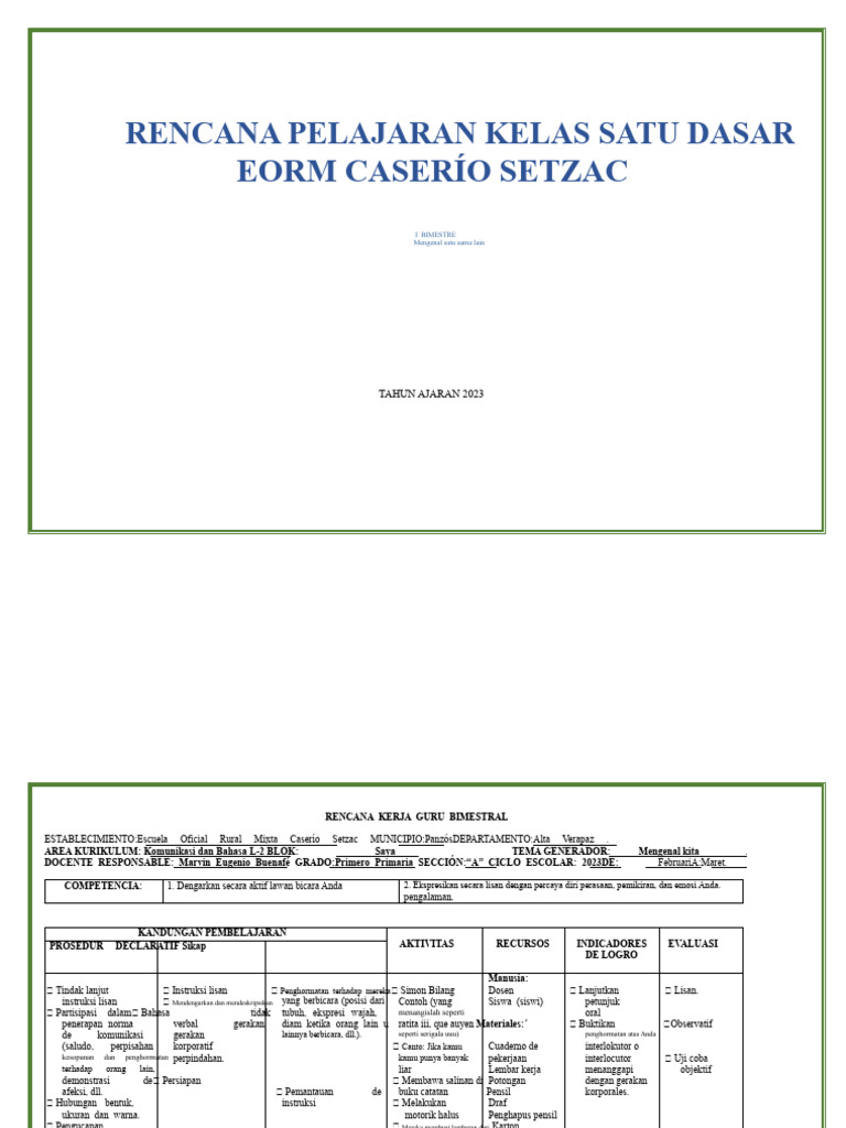 Perencanaan Kelas Satu SD 2023 | PDF