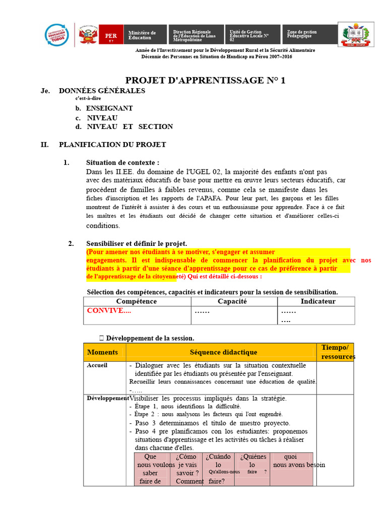 Projet d'apprentissage en éducation inclusive | PDF | Apprentissage ...