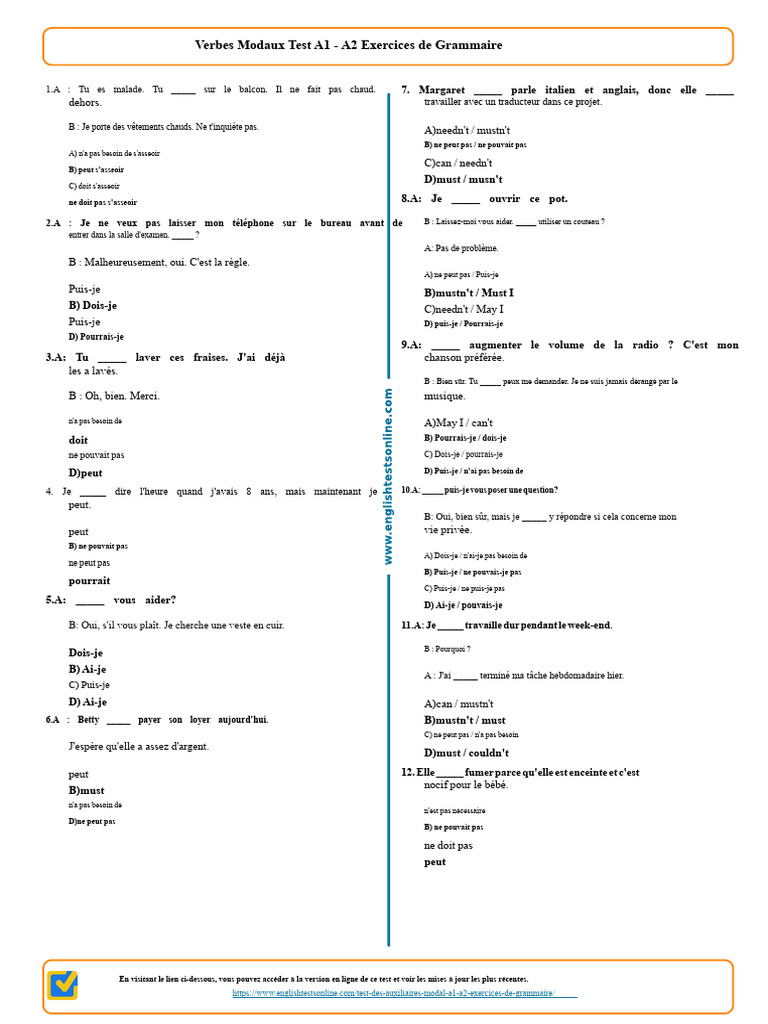 Test de Verbes Modaux A1-A2 en Grammaire | PDF