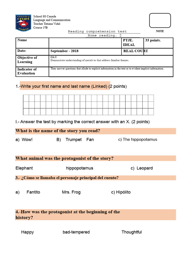 Language Test Reading Comprehension 3 Home Reading Plop | PDF | Reading ...