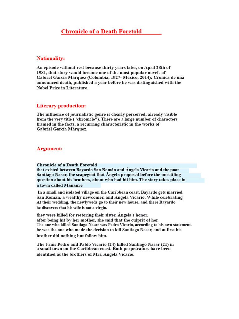 Chronicle of A Death Foretold | PDF