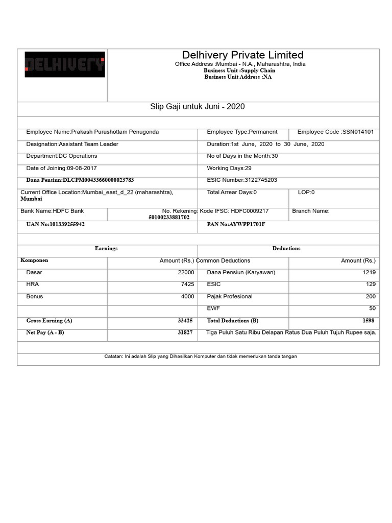 Slip Gaji Juni 2020 | PDF
