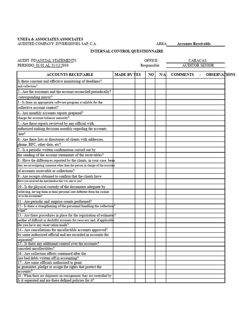 Internal Control Questionnaires Audit 1 Accounts Receivable | PDF | Internal Control | Audit