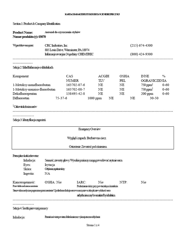 MSDS - CRC Środek Czyszczący W Aerozolu | PDF