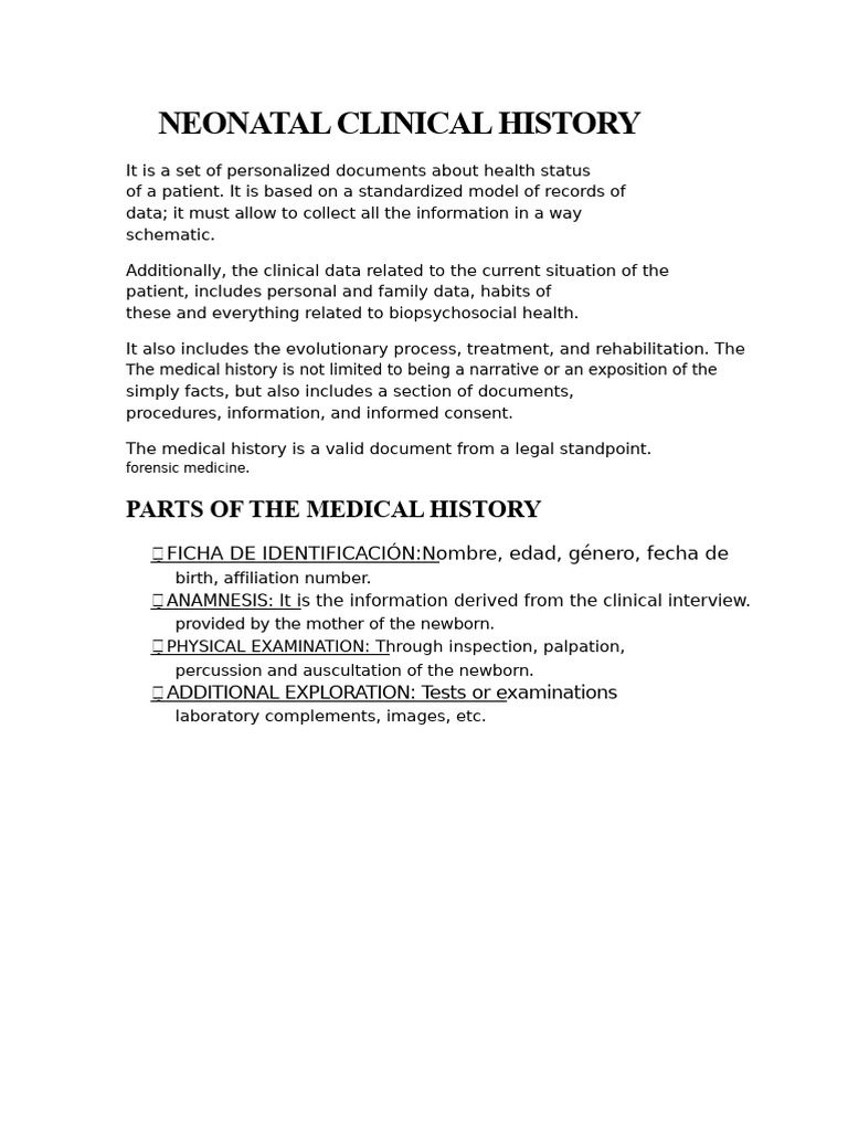 Neonatal Clinical History Overview | PDF | Pregnancy | Medical Specialties