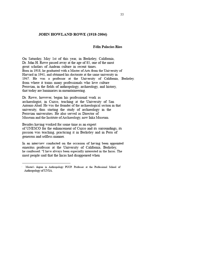 John Howland Rowe: Andean Scholar Obituary | PDF | Peru | Inca Empire