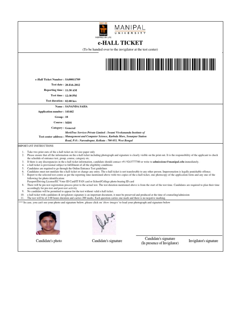 Manipal E-Hall Ticket | PDF | Ticket (Admission) | Identity Document