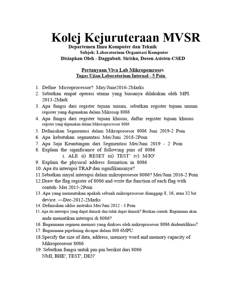 Pertanyaan Viva Lab Mikropemroses 8086 | PDF