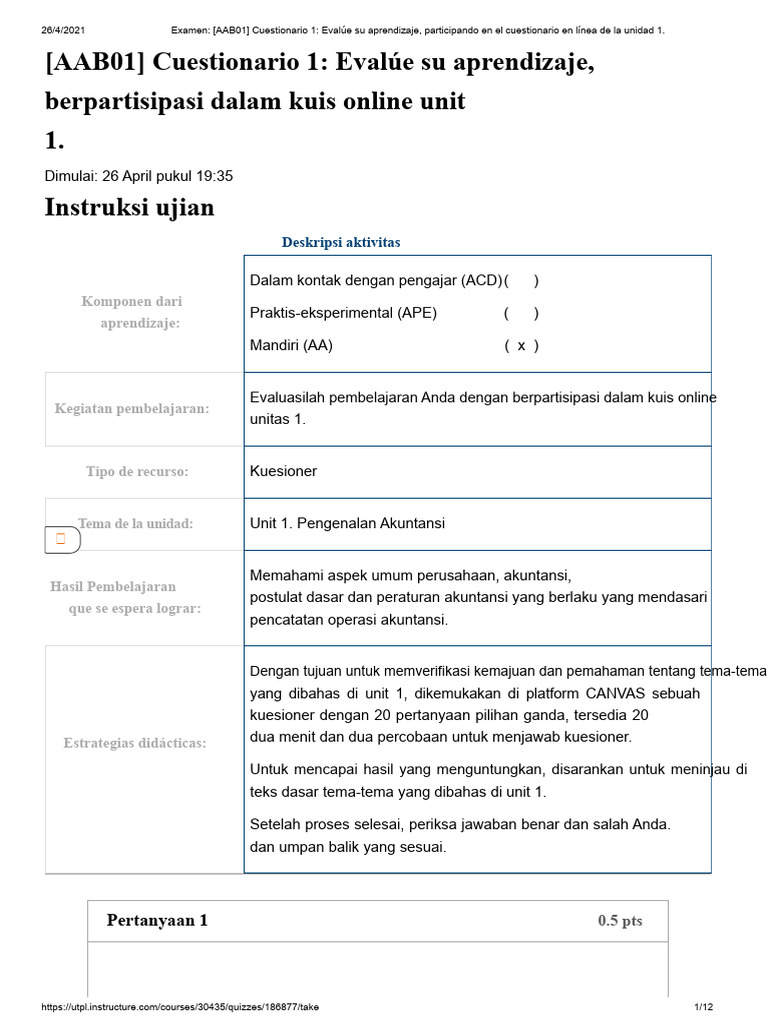Ujian_ [AAB01] Kuesioner 1_ Evaluasi pembelajaran Anda, berpartisipasi ...
