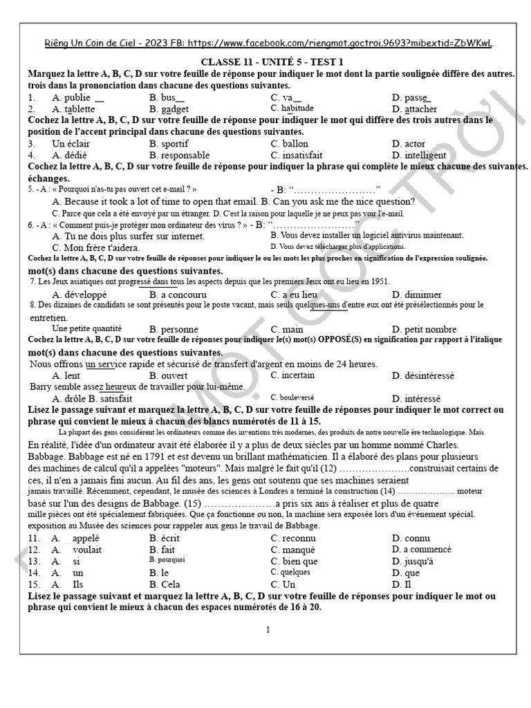 Test de langue française - Classe 11 | PDF | l'Internet