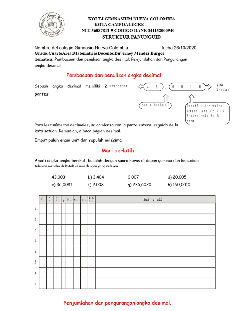 Membaca Dan Menulis Angka Desimal Kelas 4 | PDF