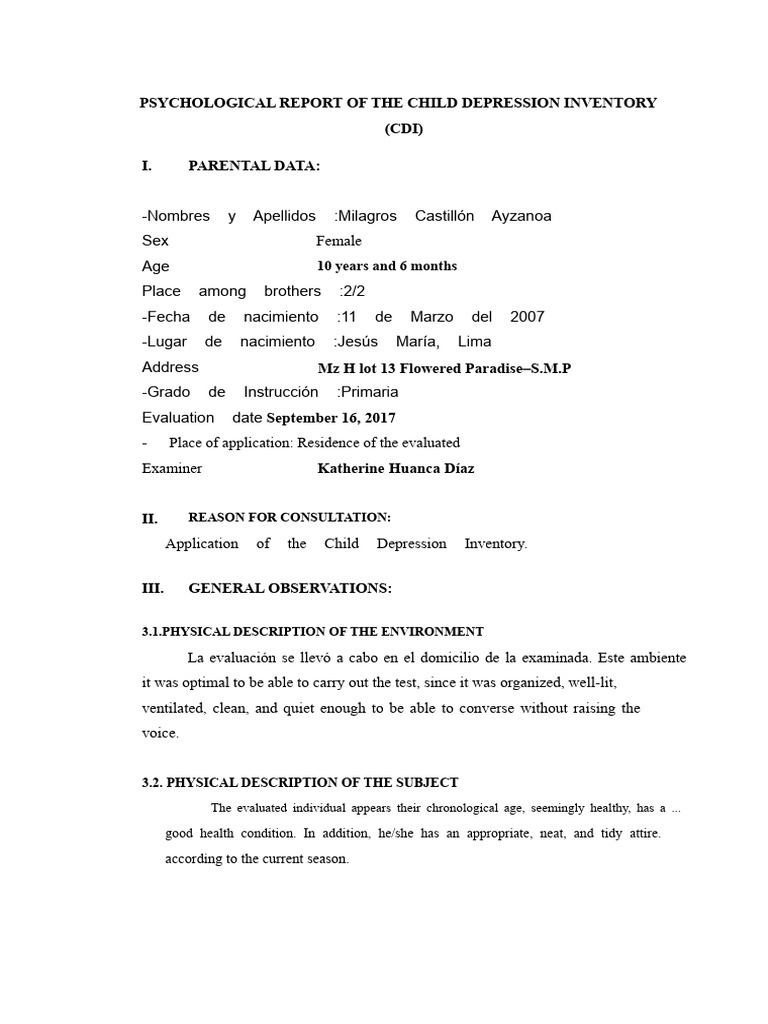 Psychological Report of The Children's Depression Inventory - Aldana | PDF | Major Depressive ...