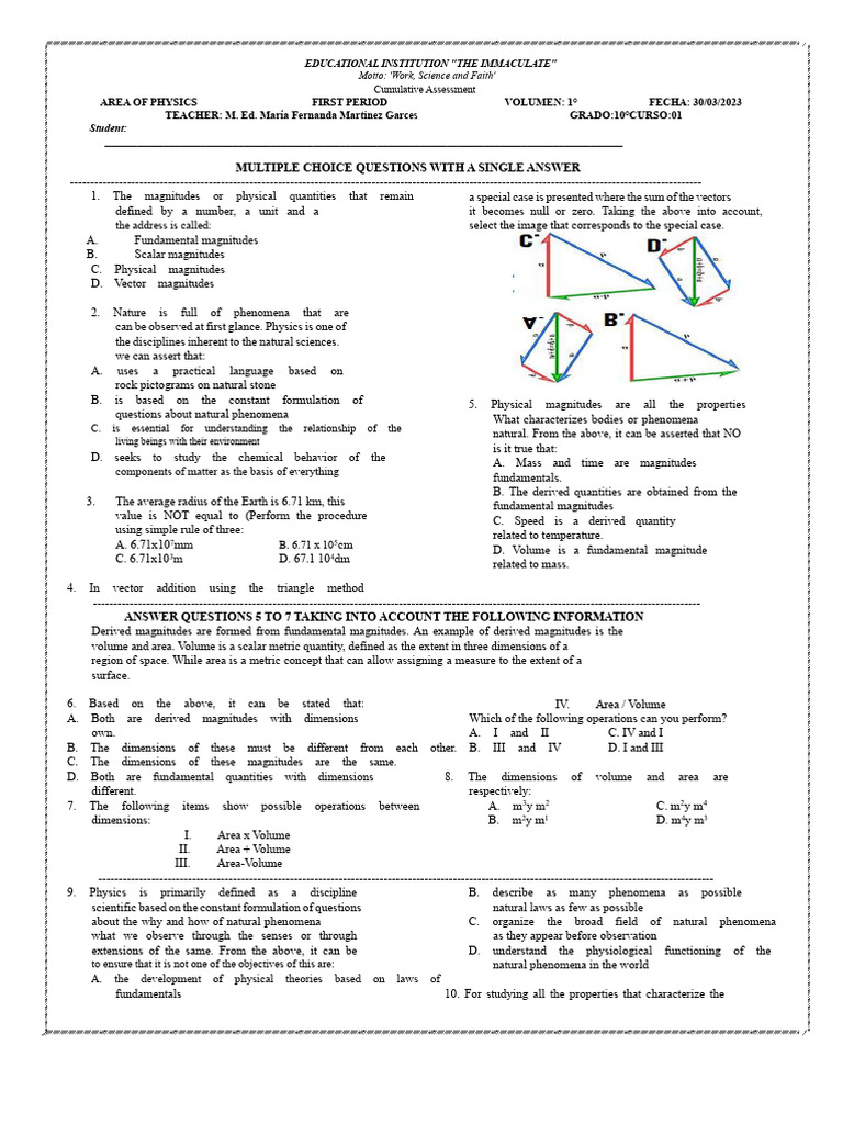 10th Grade Physics Exam | PDF | Quantity | Euclidean Vector