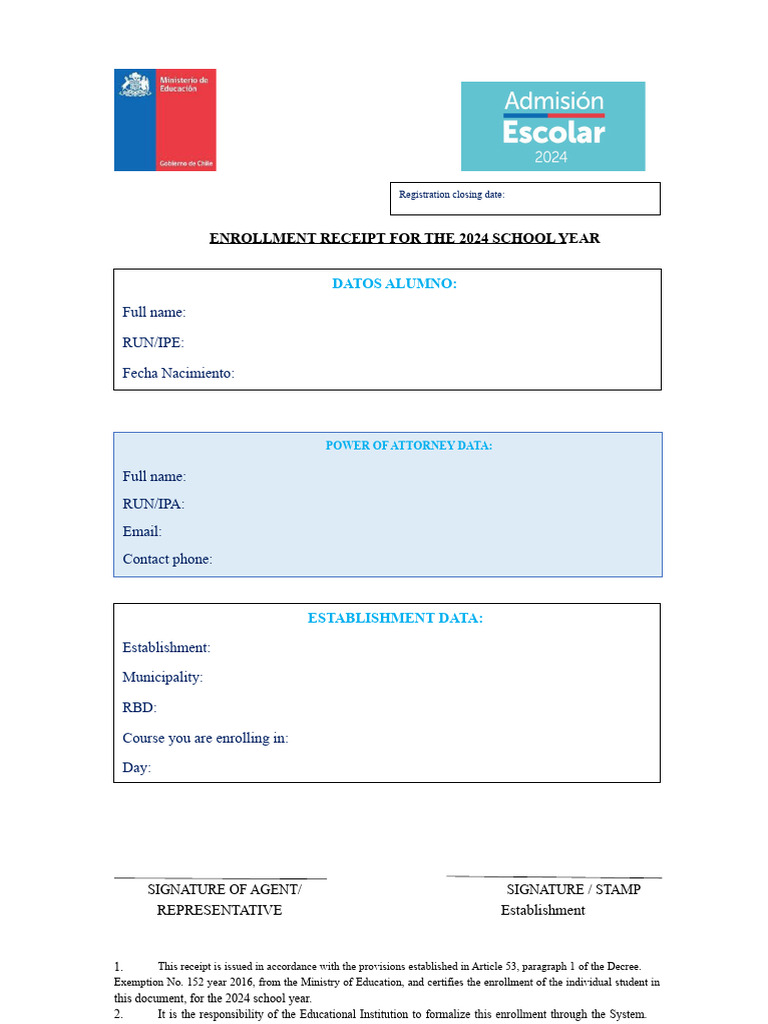 Enrollment Receipt Format School Year 2024 | PDF