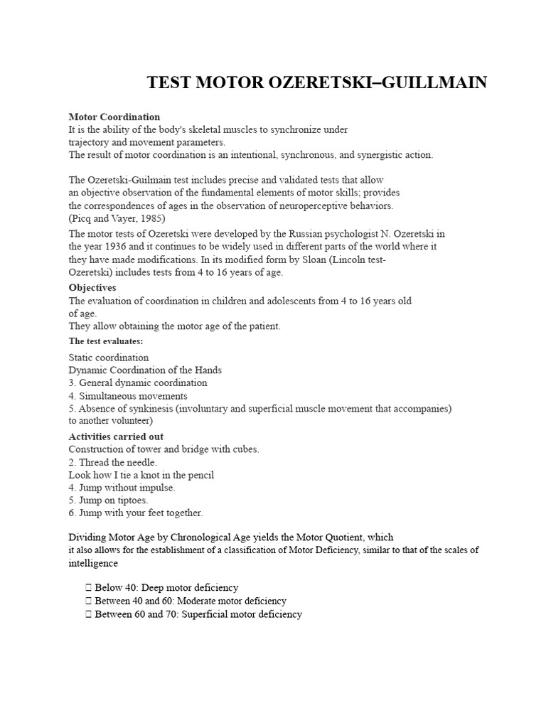 Ozeretski-Guilmain Motor Test Overview | PDF | Foot | Anatomical Terms ...