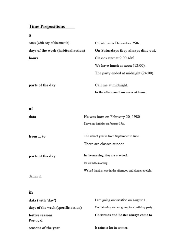 Prepositions of Time (Portuguese) | PDF