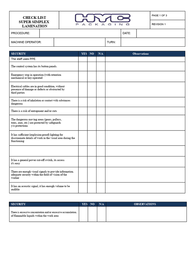 Super Simplex Lamination Safety Checklist | PDF | Safety