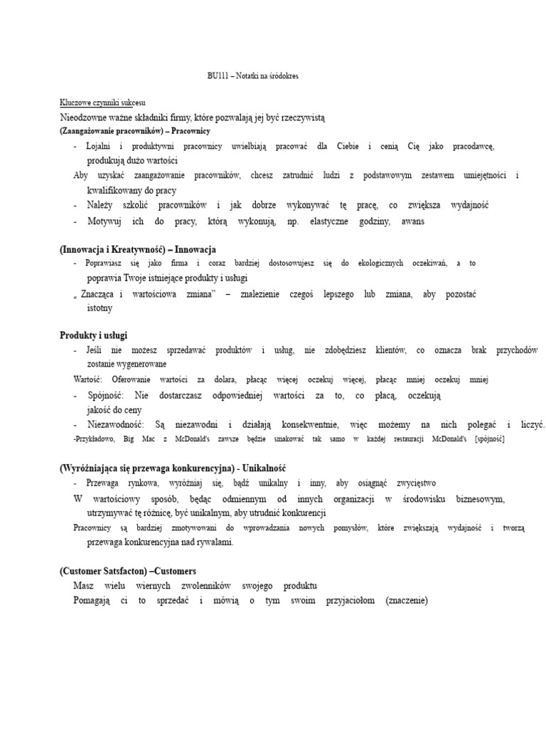 Notatki Z Egzaminu Śródsemestralnego BU111 | PDF