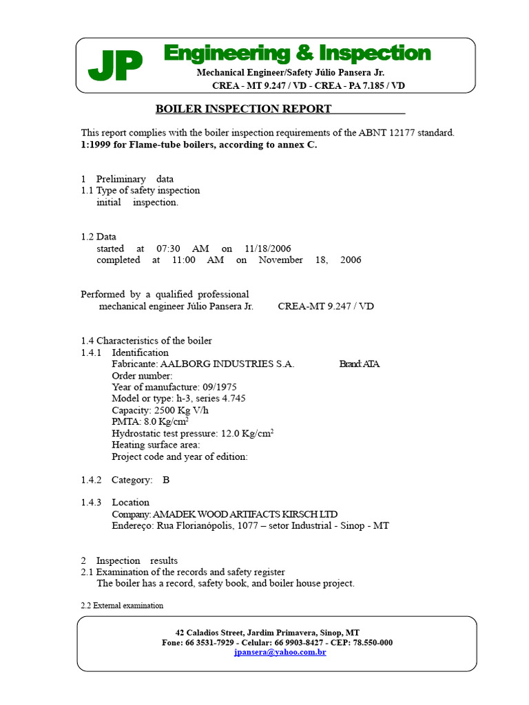 Boiler Inspection Report - ABNT 12177 Compliance | PDF | Boiler | Valve