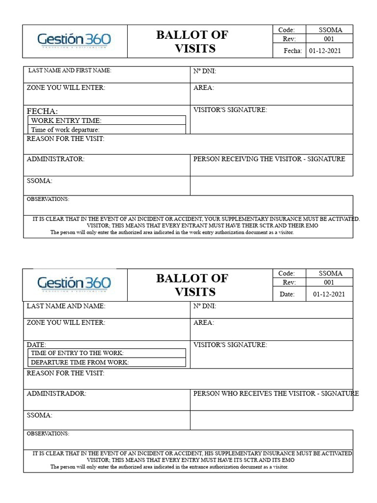 Visitor Entry Ballot Template | PDF