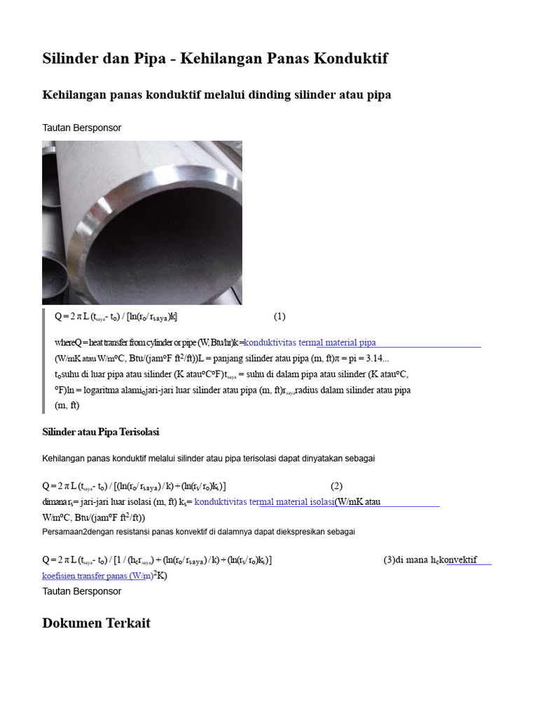 Silinder Dan Pipa - Kehilangan Panas Konduktif | PDF