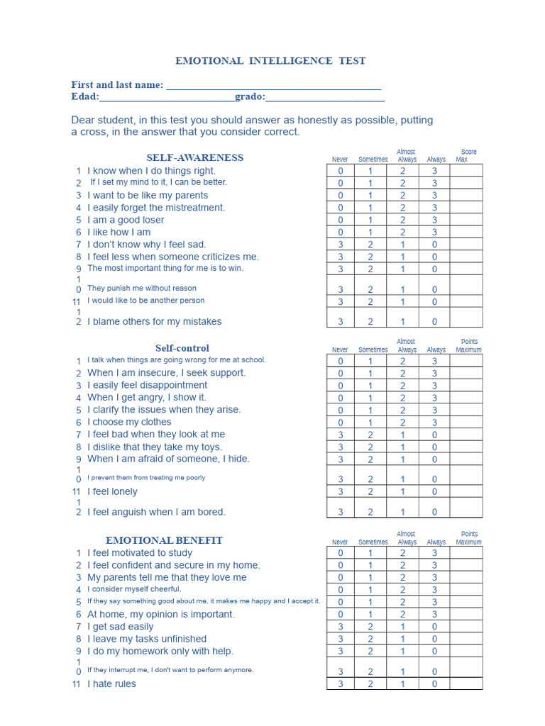 Answer Sheet for Emotional Intelligence Test | PDF | Intelligence ...
