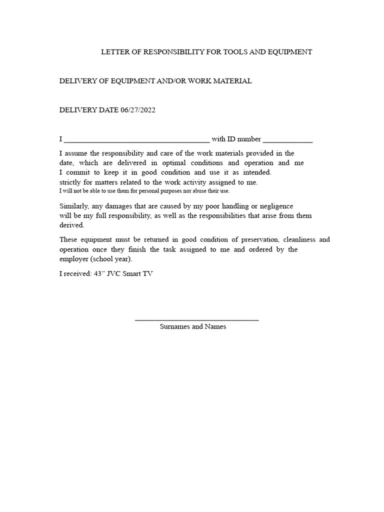 Letter of Responsibility For Tools and Equipment | PDF