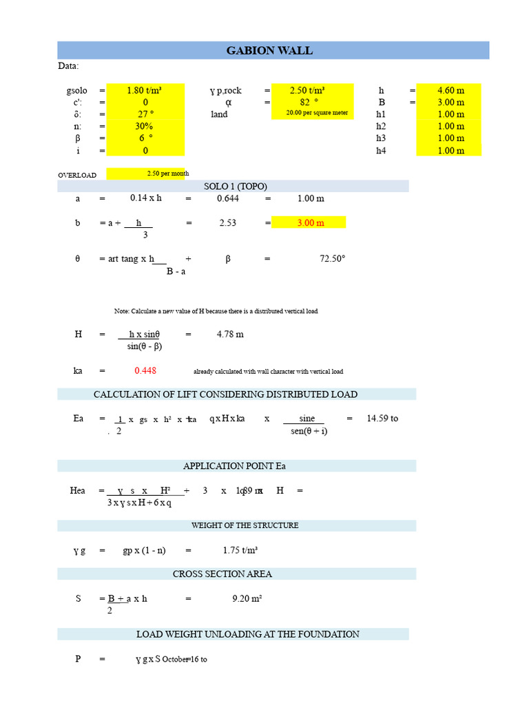 Calculation Spreadsheet For Inclined Gabion Wall With Overload | PDF ...