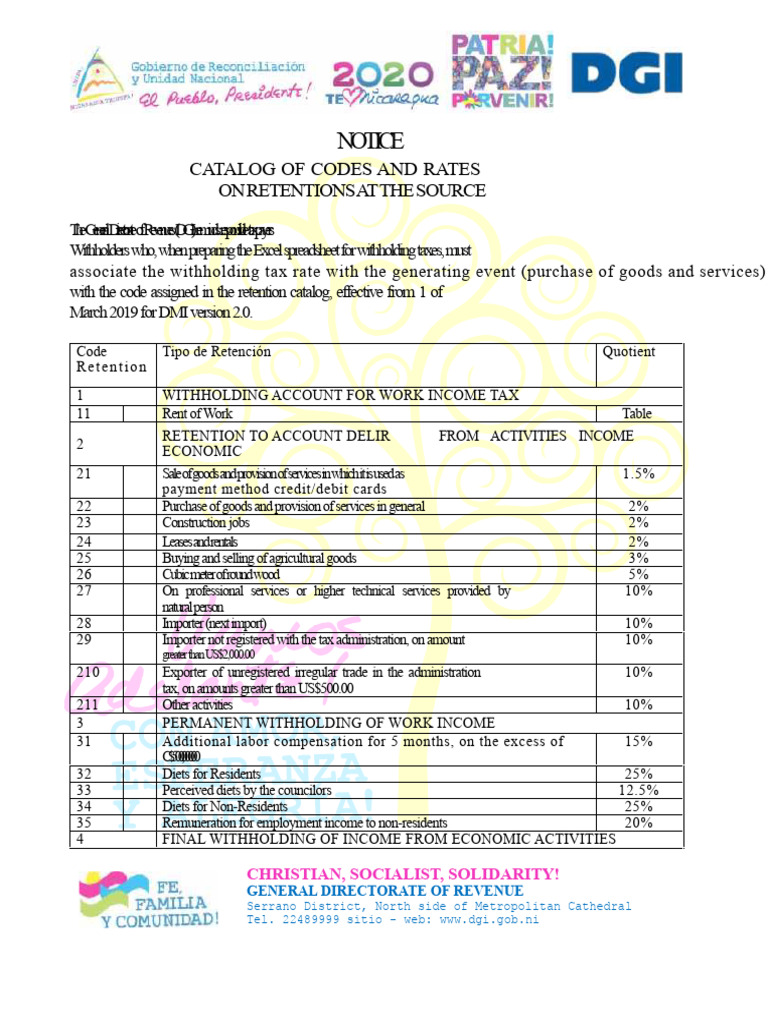 CATALOG OF CODES AND WITHHOLDING RATES IN SOURCE - Nicaragua | PDF ...