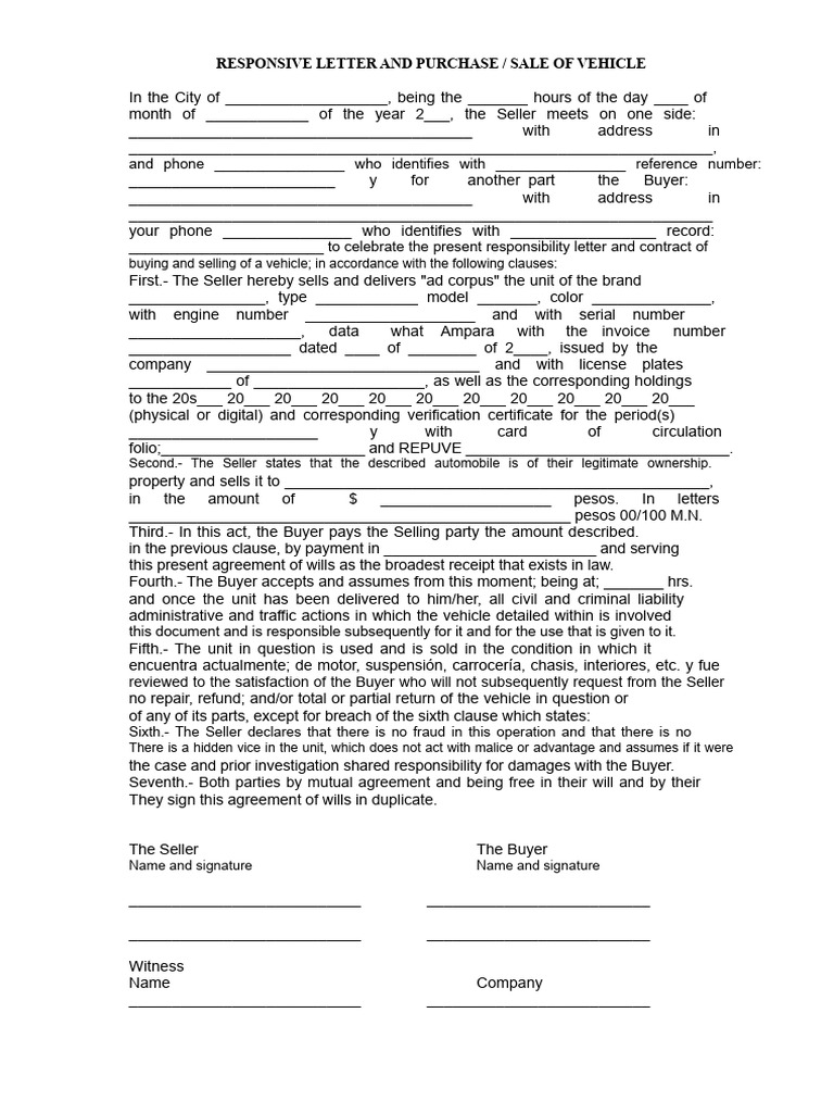 Vehicle Purchase and Sale Agreement Template | PDF | Sales | Procurement