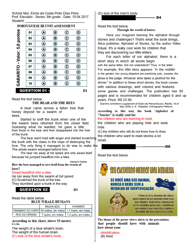 Portuguese Language Assessment - 5th Grade Answer Key | PDF | Bullying