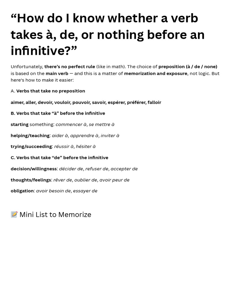 Verbes et prépositions avant l'infinitif | PDF