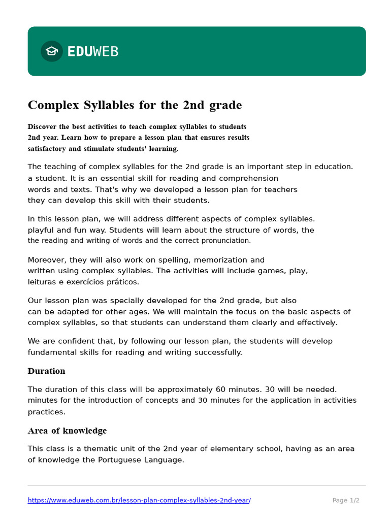 Lesson Plan for Complex Syllables 2nd Grade | PDF | Lesson Plan | Cognition