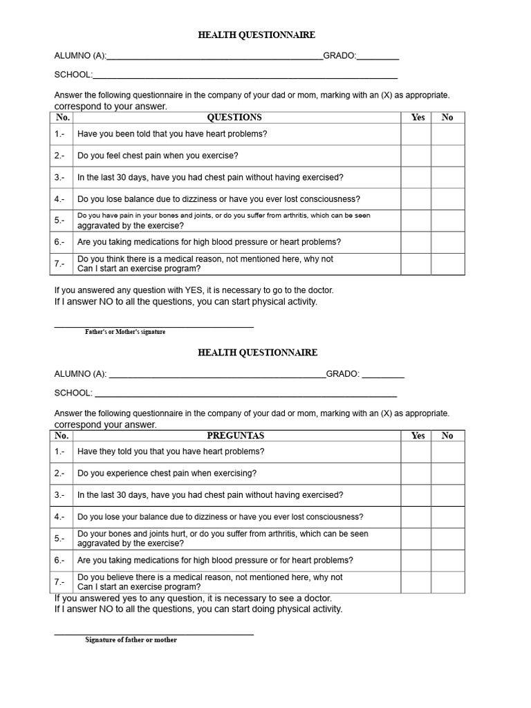 Health Questionnaire for Exercise Readiness | PDF | Pain | Arthritis