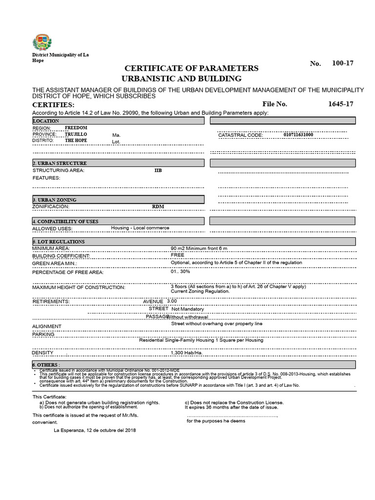 Urban Building Parameters Certificate | PDF | Zoning