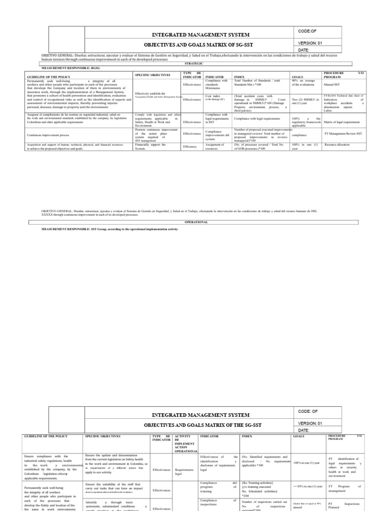 Objectives and Goals Matrix | PDF | Occupational Safety And Health ...