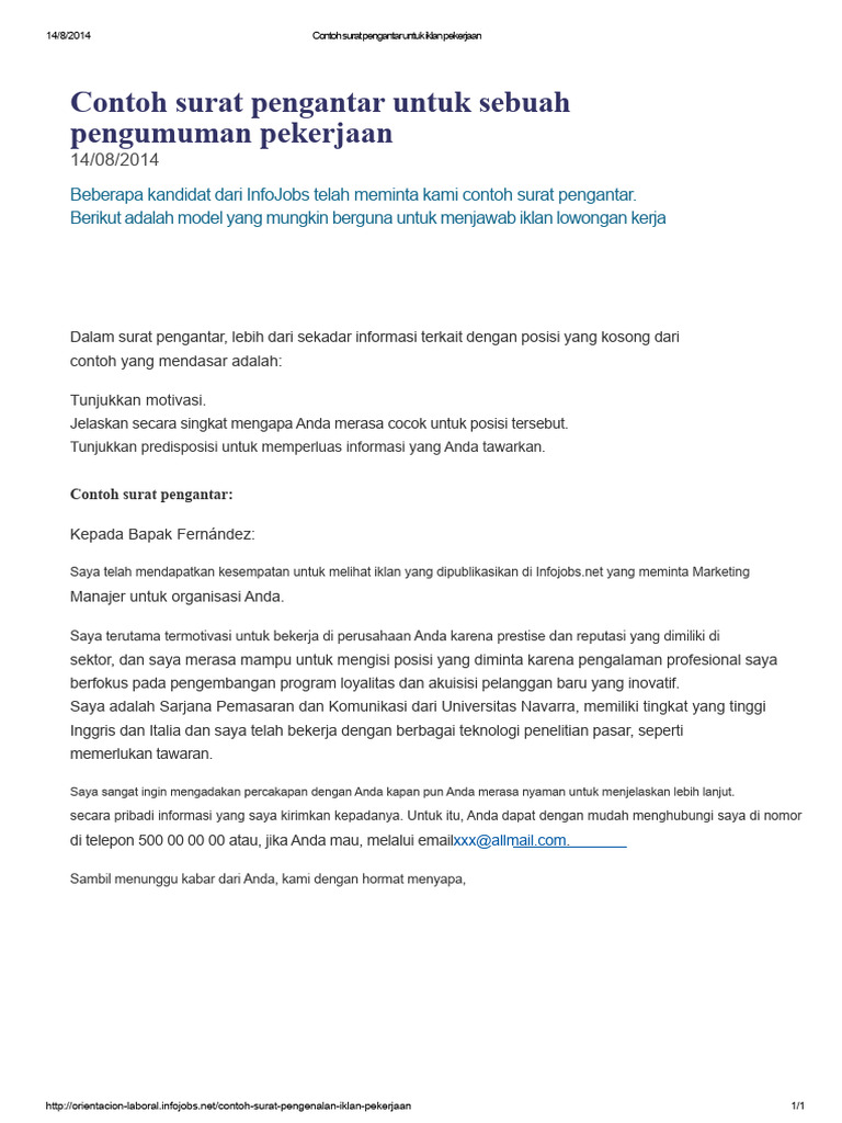 Contoh Surat Pengantar untuk Iklan Pekerjaan (Infojobs) | PDF