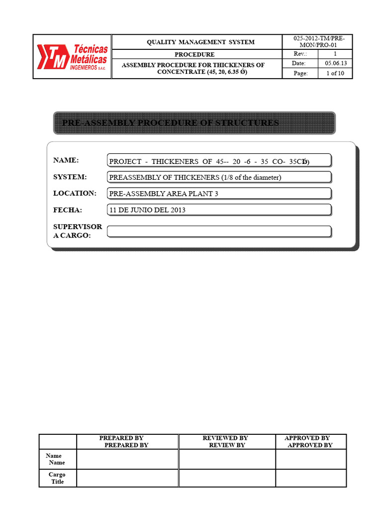 Pre-Mounting Procedure For Thickeners | PDF | Firefighting | Regulatory Compliance