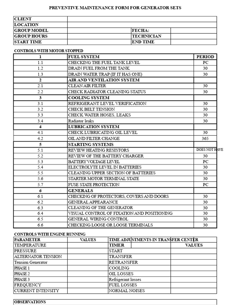 Preventive Maintenance Schedule For Generators Marcelo V1 | PDF | Radiator | Electrical Engineering
