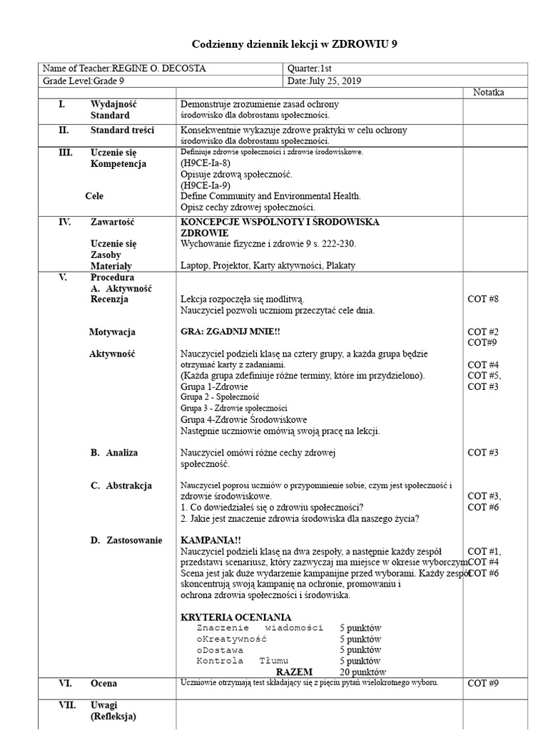 Codzienny Plan Lekcji W ZDROWIU 9 | PDF
