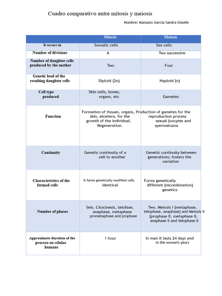 Comparative Table Between Mitosis and Meiosis | PDF