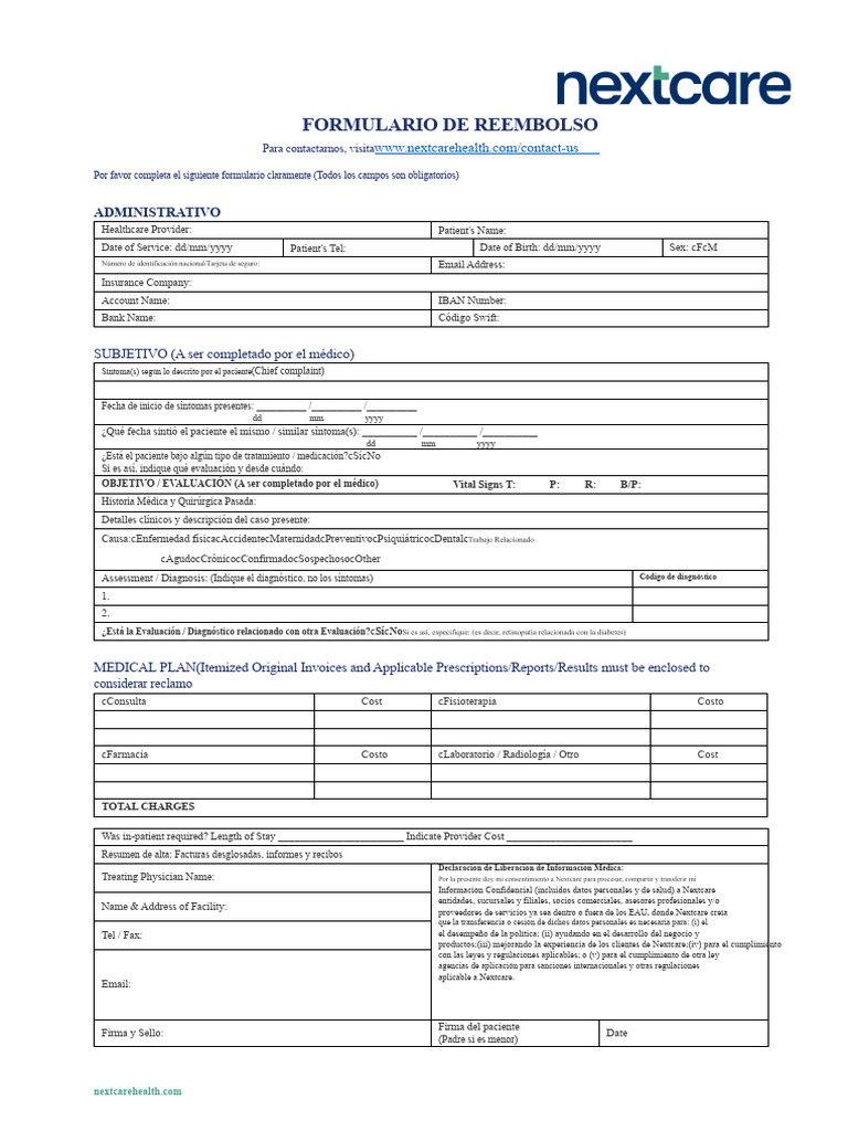 Formulario de reembolso-16.05.2023 nextcare | PDF | Especialidades Medicas | Ciencias de la Salud