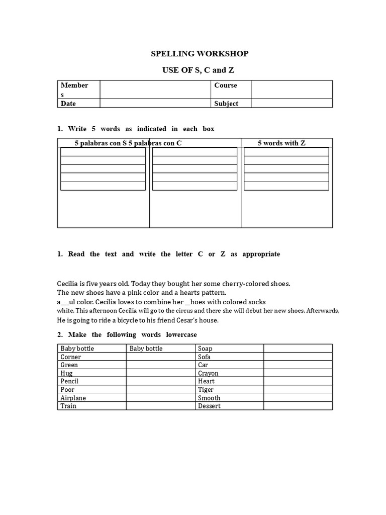 SPELLING WORKSHOP Use of S, C, and Z | PDF