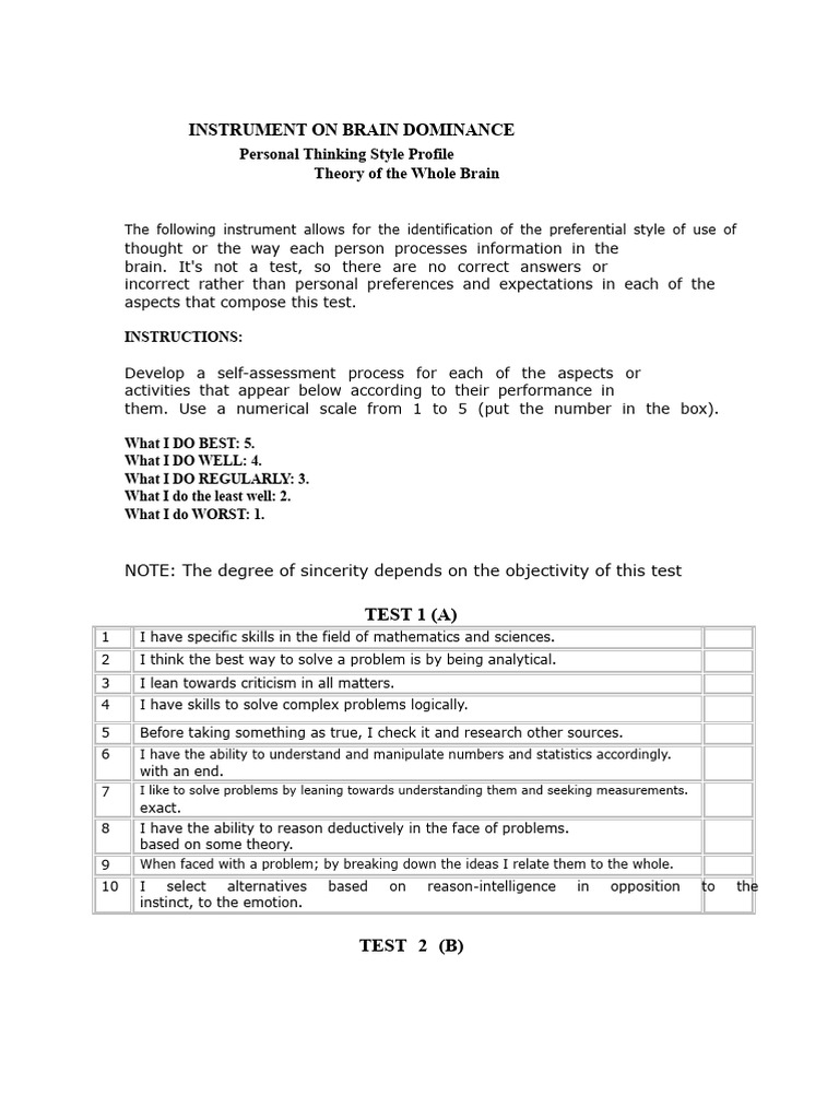 Brain Dominance Test | PDF | Theory | Thought